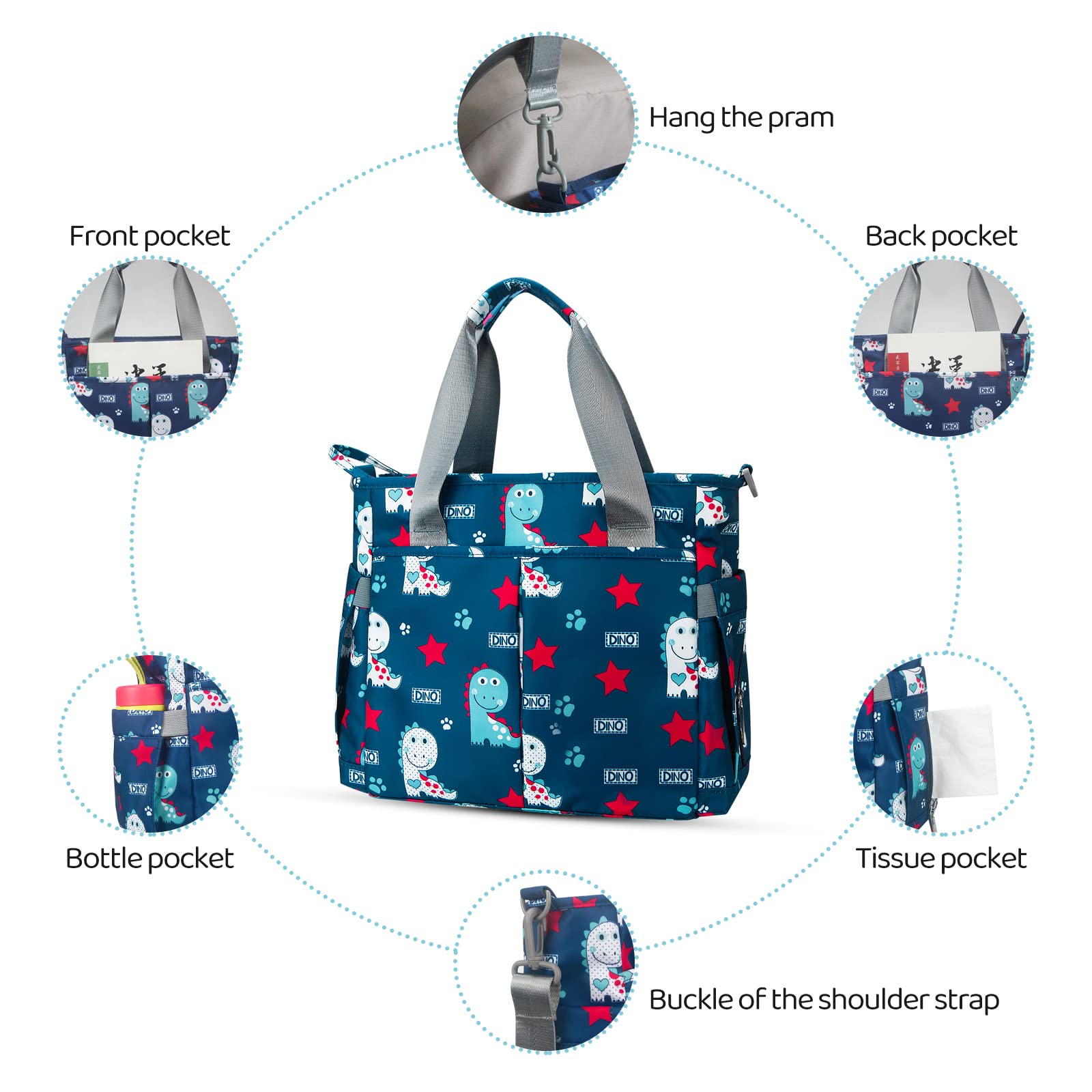 PHEBEN Diaper Bag Tote Waterproof Messenger Purse Baby Bags for Mom and Dad Multifunction Large Travel Diaper Tote Bags(Cute Dinosaur)