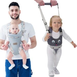 iulonee baby carrier, embrace cozy 4-in-1 infant carrier & baby walker, handheld kids toddler walking harness helper assistant protective belt child activity walker(grey + grey)