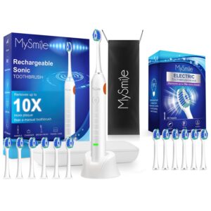 mysmile electric toothbrush for adults, rechargeable sonic electronic toothbrush with 12 brush heads and travel case