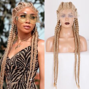 rongduoyi rdy blonde braided lace front wigs long micro box braids wigs heat friendly hair braiding styles replacement wig for black women with baby hair (36inch, blonde)