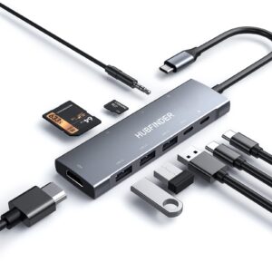 usb c hub, hubfinder 9 in 1 multiport adapter with 100w power delivery，4k hdmi output，3 usb3.0 and usb-c 5 gbps data ports，sd/tf card reader，3.5mm headphone jack，for macbook air, macbook pro,ipad pro