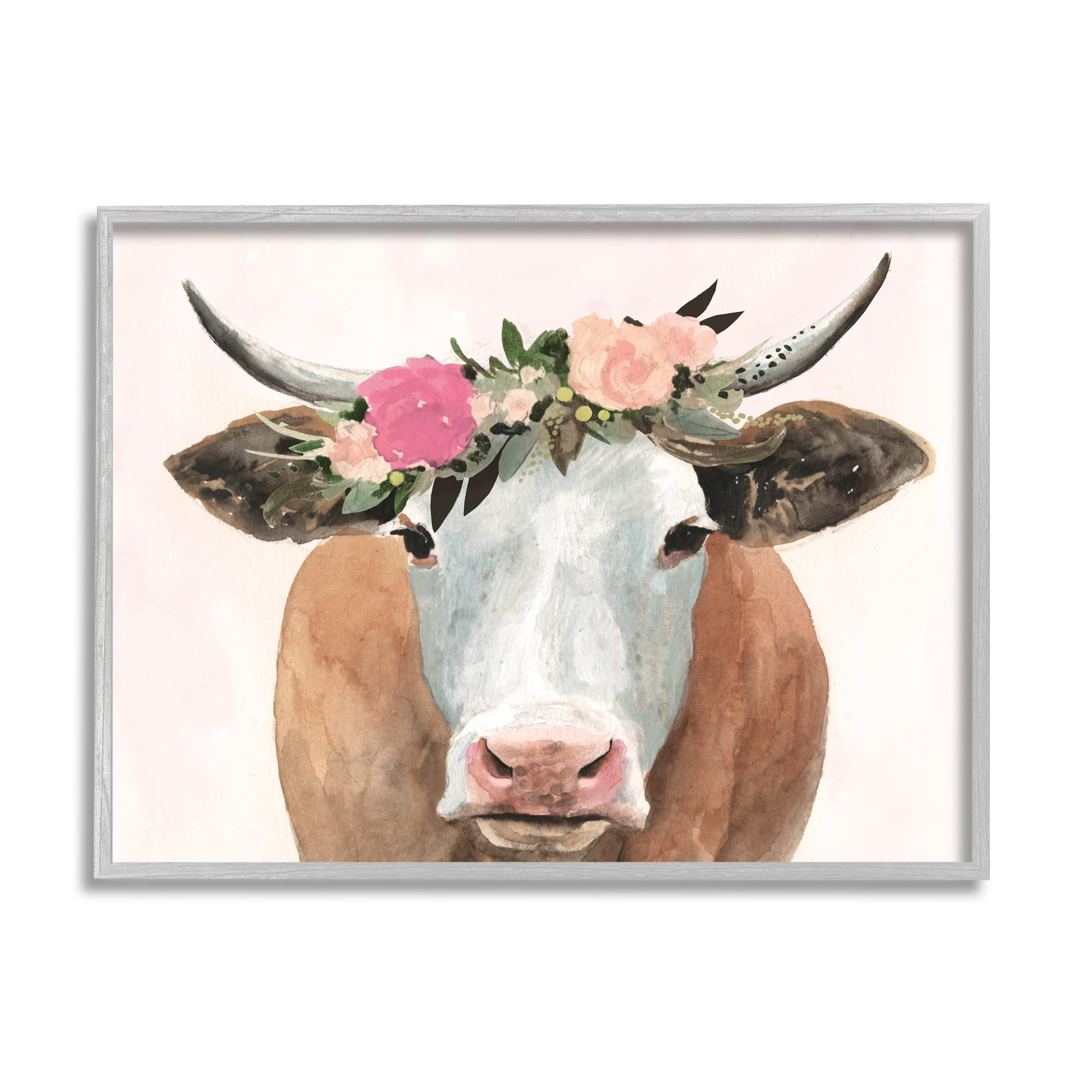 Stupell Industries Springtime Flower Crown Farm Cow with Horns, Design by Victoria Borges