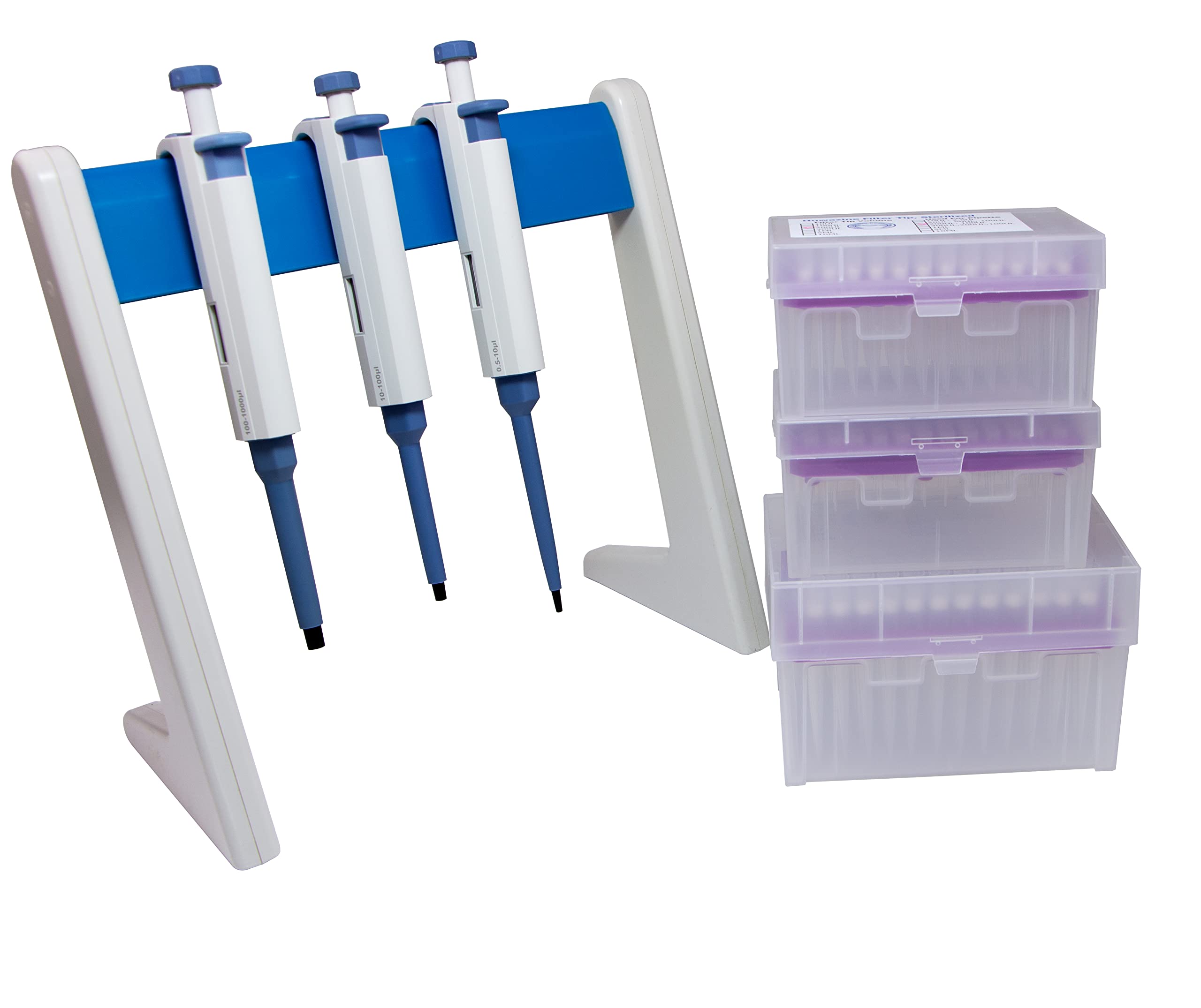 Huwazine Micropipette kit, 0.5-10ul 10-100ul 100-1000ul, Adjustable Single Channel Pipette, 3 Pieces, Pipette Stand, 3 Racks of sterile Pipette Tips (SC Pipettors-3pcs-Set A)