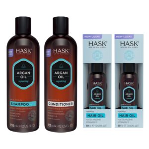 hask argan restoring set: 2 argan shine hair oil vials and 1 argan shampoo and conditioner set