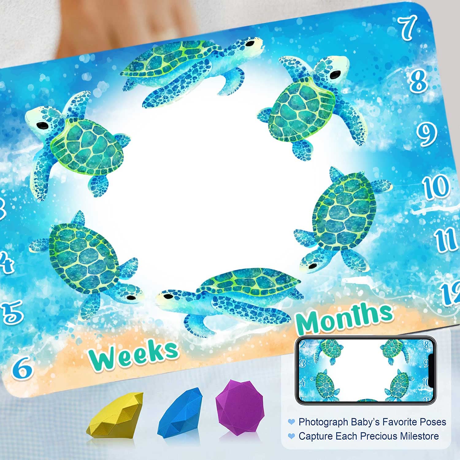 FHZON Turtle Milestone Blanket Blue Sea Life Baby Blanket Beach Newborn Gift with Week Months Swaddling Bag 48x40in BTLSFH127