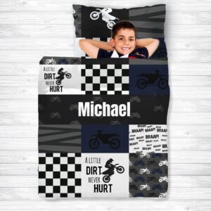 personalized dirt bike nap mat set with name, motocross sleeping bags for boys, customized toddler bed mattress for kids, slumber bags for preschool, daycare or kindergarten, toddler sleep sack