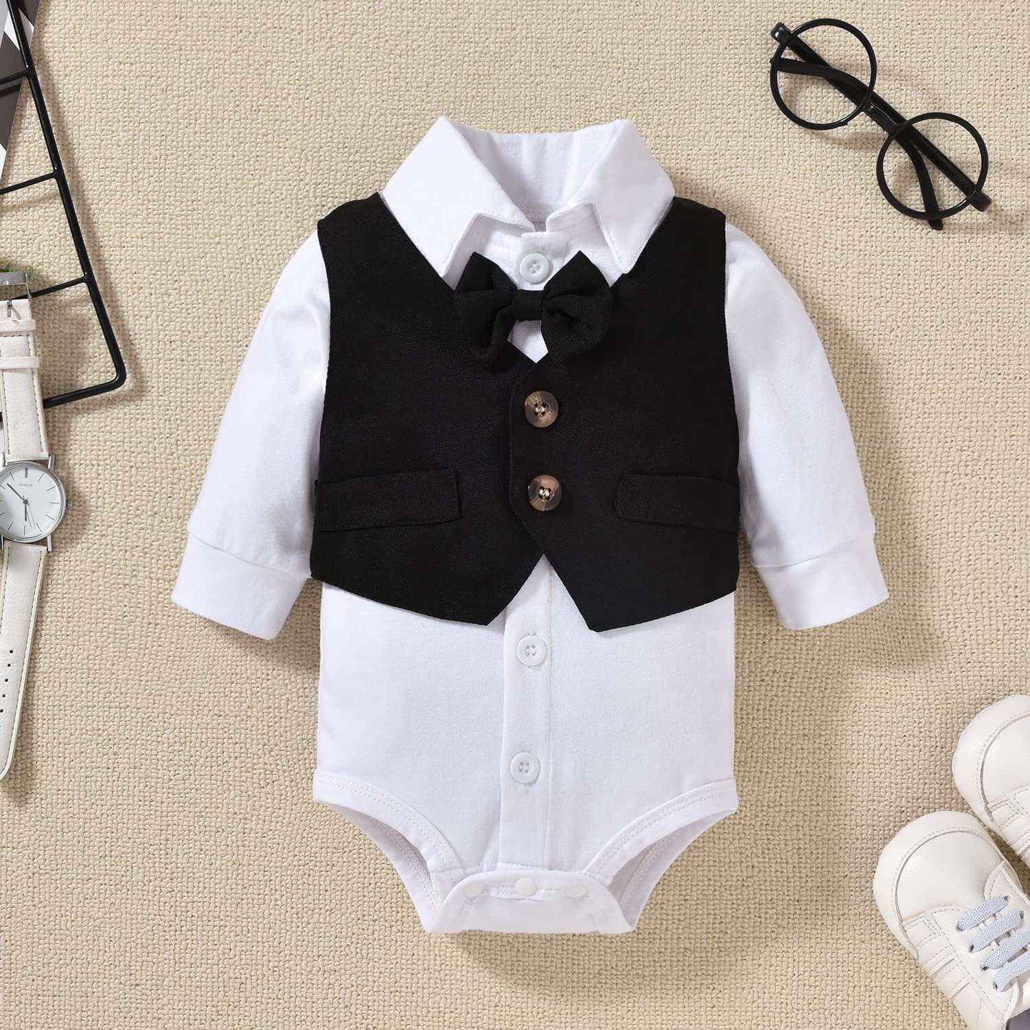 Aalizzwell Baby Boys Gentleman Outfit, Infant Vest Suspender Pants 3 Piece Formal Suit Set 3-6 Months Fall Winter Black