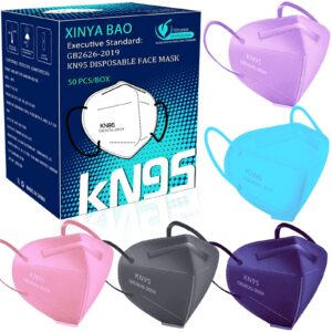 xinya bao 50 packs kn95 face mask 5-ply breathable & comfortable filter safety mask with elastic ear loop and nose bridge clip, protective face cover mask, filter efficiency ≥95% multi color.