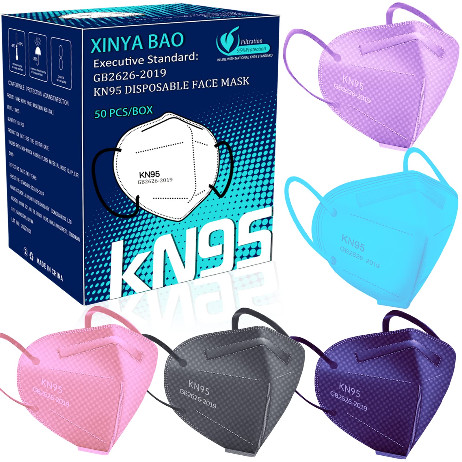 XINYA BAO 50 Packs KN95 Face Mask 5-Ply Breathable & Comfortable Filter Safety Mask with Elastic Ear loop and Nose Bridge Clip, Protective Face Cover Mask, Filter Efficiency ≥95% Multi Color.