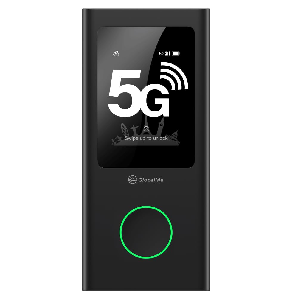 GlocalMe Numen Air 5G Portable WiFi Hotspot for Travel, Ultra High Speed Mobile Hotspot Device with Touch Screen, No Contract or SIM Card Required, 16 Connected Devices, Global 1GB Data