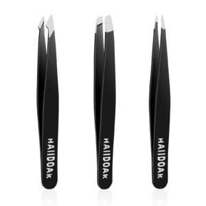 haiidoak tweezers set, professional stainless steel tweezers for eyebrows, great precision for facial hair, splinter and ingrown hair removal (3 count / 3.8inch, black)