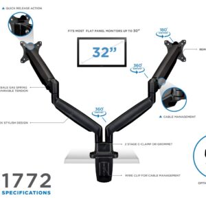 Mount-It! Dual Monitor Arm Mount | Desk Stand | Two Articulating Gas Spring Height Adjustable Arms | Fits 2 x 24 27 29 30 32 Inch VESA 75 100 Compatible Screens | C-Clamp and Grommet Bases (Black)