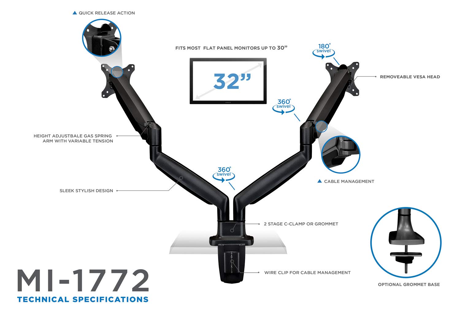 Mount-It! Dual Monitor Arm Mount | Desk Stand | Two Articulating Gas Spring Height Adjustable Arms | Fits 2 x 24 27 29 30 32 Inch VESA 75 100 Compatible Screens | C-Clamp and Grommet Bases (Black)