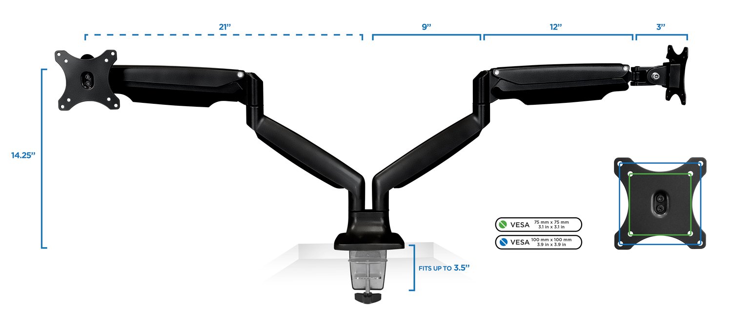 Mount-It! Dual Monitor Arm Mount | Desk Stand | Two Articulating Gas Spring Height Adjustable Arms | Fits 2 x 24 27 29 30 32 Inch VESA 75 100 Compatible Screens | C-Clamp and Grommet Bases (Black)