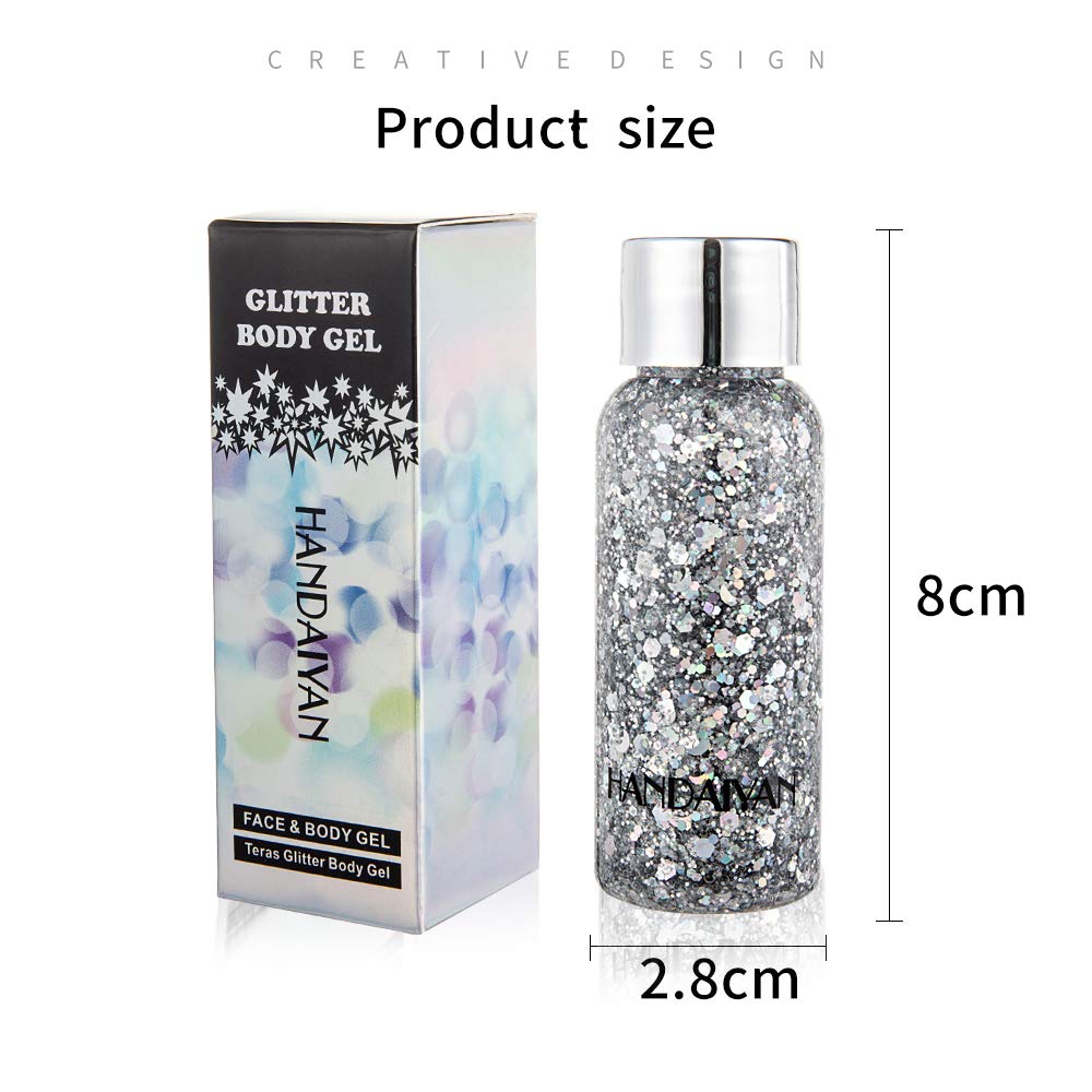 HANDAIYAN Holographic Body Glitter Gel Nail Hair Body Face Eye Shadow Mermaid Sequins Chunky Glitter Festival Glitter Makeup for Body, Face, Hair Makeup (01 Silver)