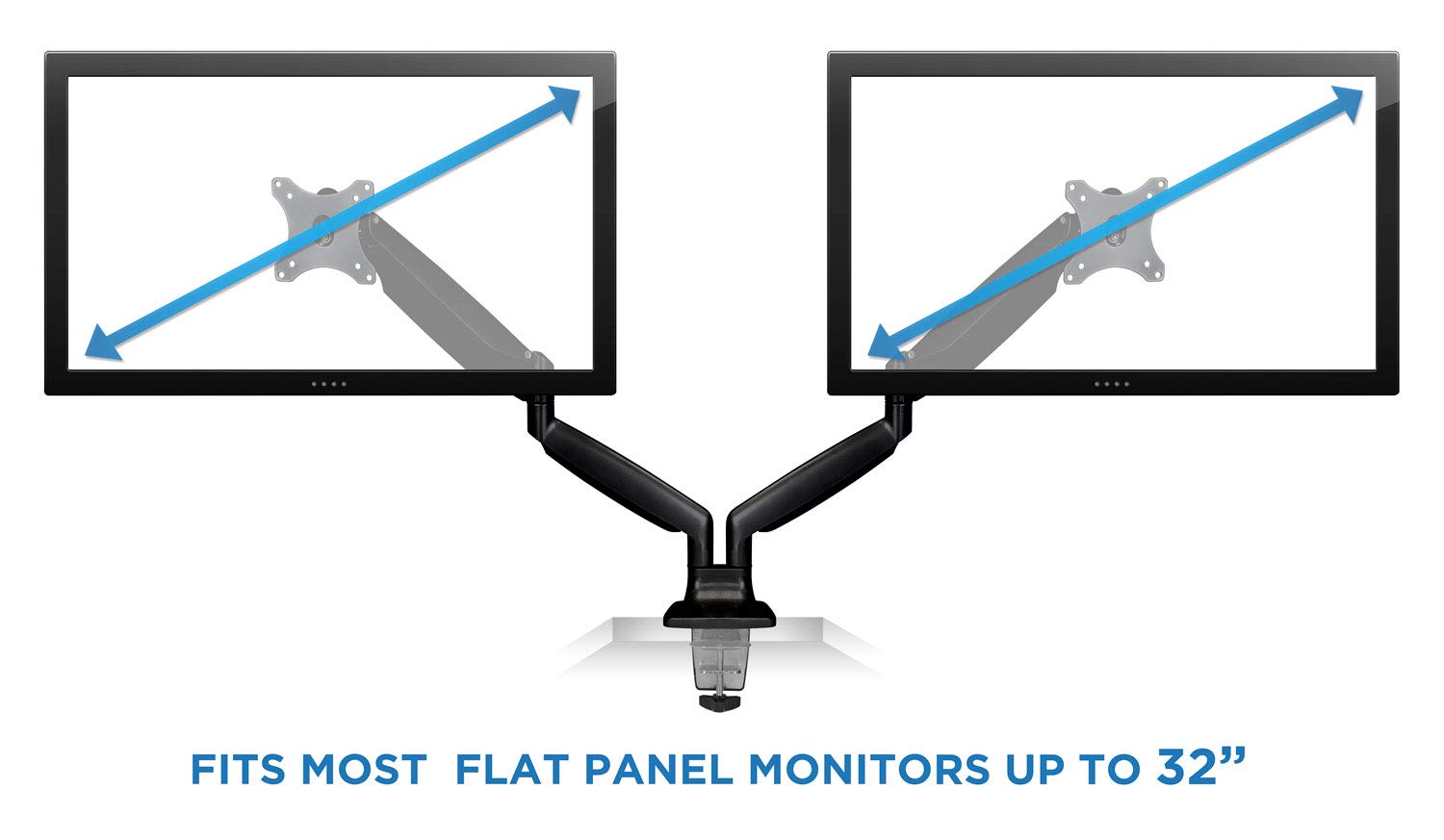 Mount-It! Dual Monitor Arm Mount | Desk Stand | Two Articulating Gas Spring Height Adjustable Arms | Fits 2 x 24 27 29 30 32 Inch VESA 75 100 Compatible Screens | C-Clamp and Grommet Bases (Black)