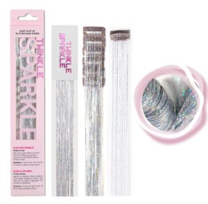 6pcs clip in hair tinsel kit, 19.6 inch heat resistant glitter tinsel hair extension with clips on, fairy hair sparkle strands festival gift party dazzle hair accessories for women girls kids (silver)