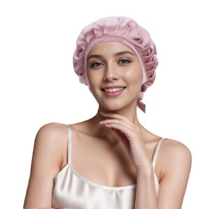 cocheng 100% mulberry silk bonnet double-sided silk sleep cap with adjustable ribbon 19 momme silk bonnet for sleeping (bean pink)