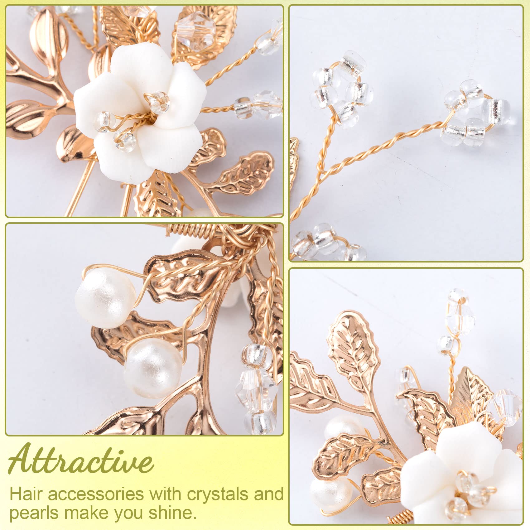 ANCIRS 4 Pack Crystal Flower Bridal Hair Styling Pins for Wedding, Anti-Slip Ceramic Leaves Shape Rhinestone Pearls Head Piece Accessories for Women Bride Wedding Hairstyles- Gold