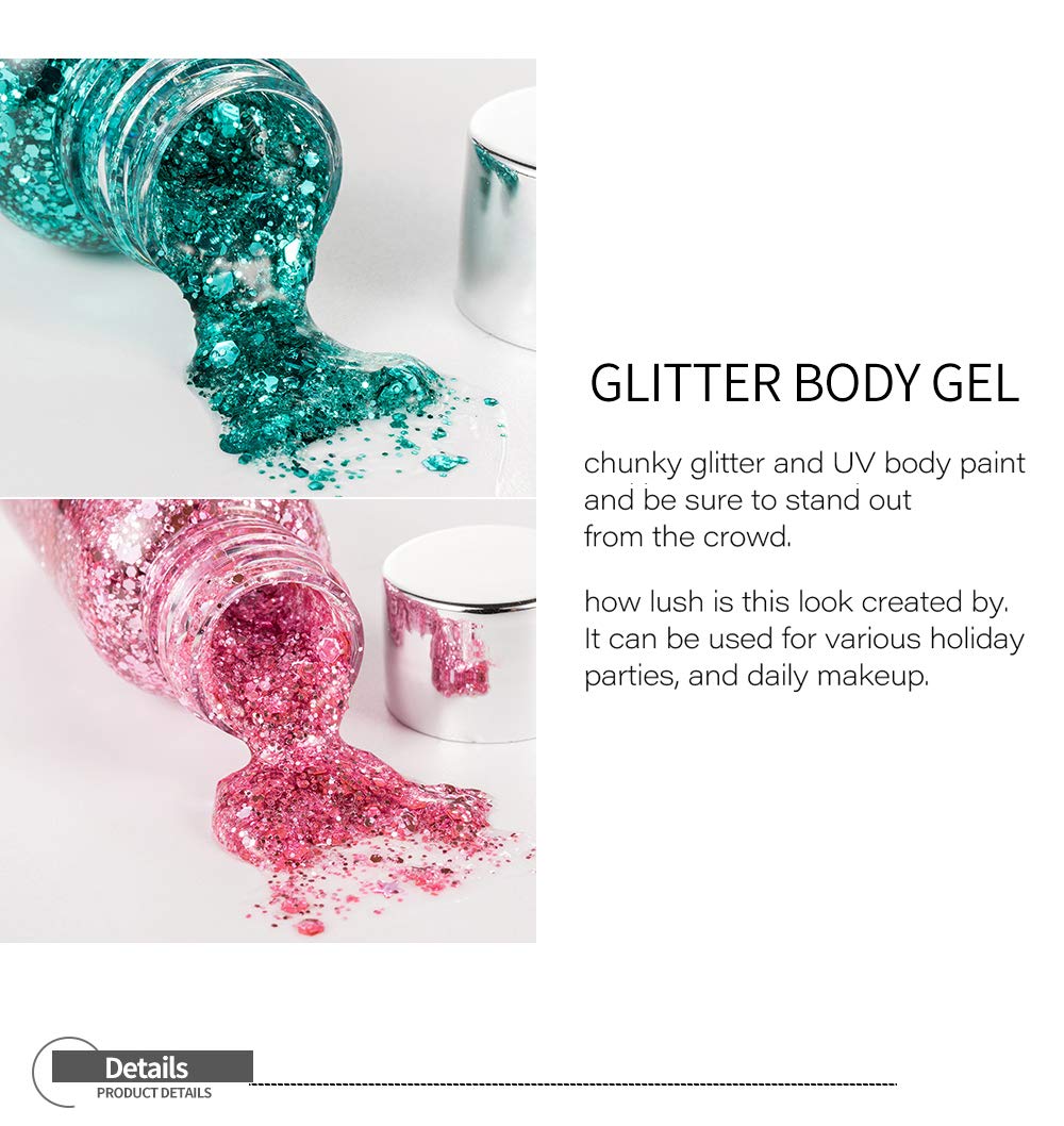 HANDAIYAN Holographic Body Glitter Gel Nail Hair Body Face Eye Shadow Mermaid Sequins Chunky Glitter Festival Glitter Makeup for Body, Face, Hair Makeup (01 Silver)