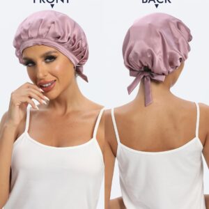 Cocheng 100% Mulberry Silk Bonnet Double-Sided Silk Sleep Cap With Adjustable Ribbon 19 Momme Silk Bonnet for Sleeping (Bean Pink)