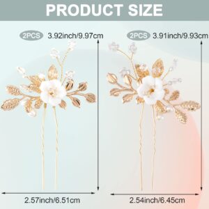 ANCIRS 4 Pack Crystal Flower Bridal Hair Styling Pins for Wedding, Anti-Slip Ceramic Leaves Shape Rhinestone Pearls Head Piece Accessories for Women Bride Wedding Hairstyles- Gold