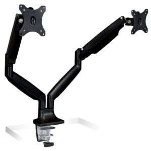 Mount-It! Dual Monitor Arm Mount | Desk Stand | Two Articulating Gas Spring Height Adjustable Arms | Fits 2 x 24 27 29 30 32 Inch VESA 75 100 Compatible Screens | C-Clamp and Grommet Bases (Black)