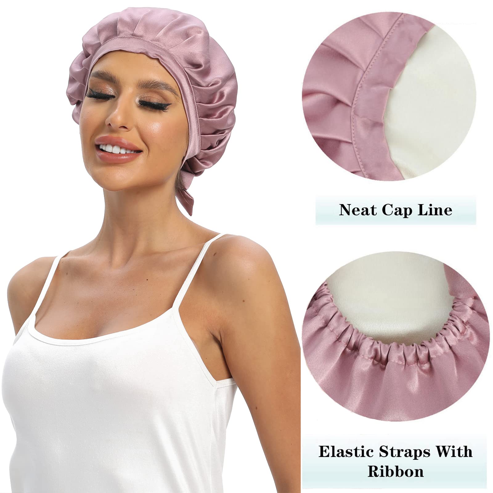 Cocheng 100% Mulberry Silk Bonnet Double-Sided Silk Sleep Cap With Adjustable Ribbon 19 Momme Silk Bonnet for Sleeping (Bean Pink)