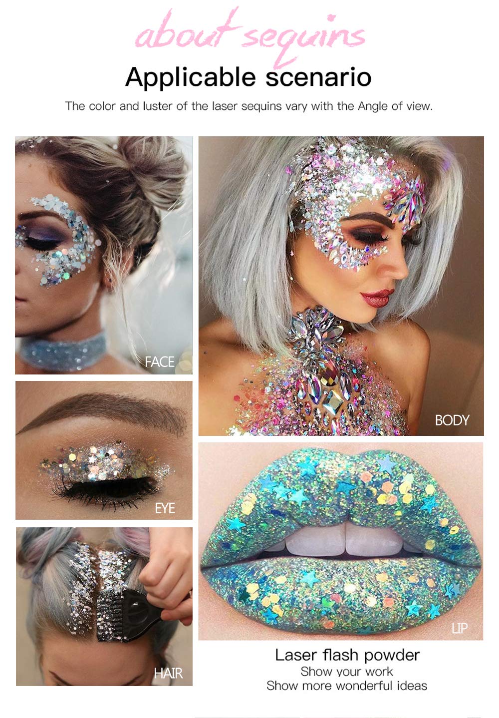 HANDAIYAN Holographic Body Glitter Gel Nail Hair Body Face Eye Shadow Mermaid Sequins Chunky Glitter Festival Glitter Makeup for Body, Face, Hair Makeup (01 Silver)