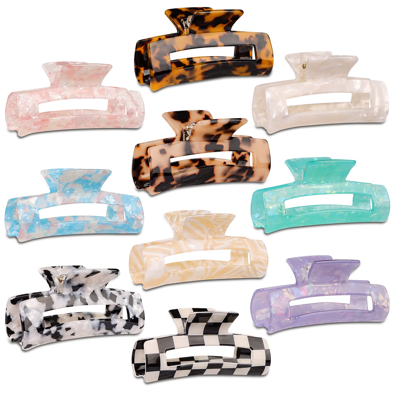 Magicsky 10 Pcs Hair Claw Clips for Women, Opal Marble Tortoise Acrylic Large Clip for Thick Thin Hair, 90's Cute Butterfly Barrettes Pins, Aesthetic Styling Accessories for Girls-Rectangle