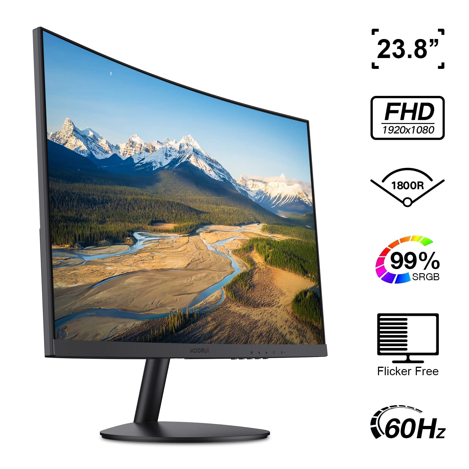 KOORUI 24" Curved 60Hz Computer Monitor LED Monitor Full HD 1080P HDMI VGA, 1800R, Tilt Adjustment, Eye Care, Black 24N5C