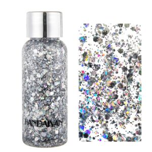 handaiyan holographic body glitter gel nail hair body face eye shadow mermaid sequins chunky glitter festival glitter makeup for body, face, hair makeup (01 silver)