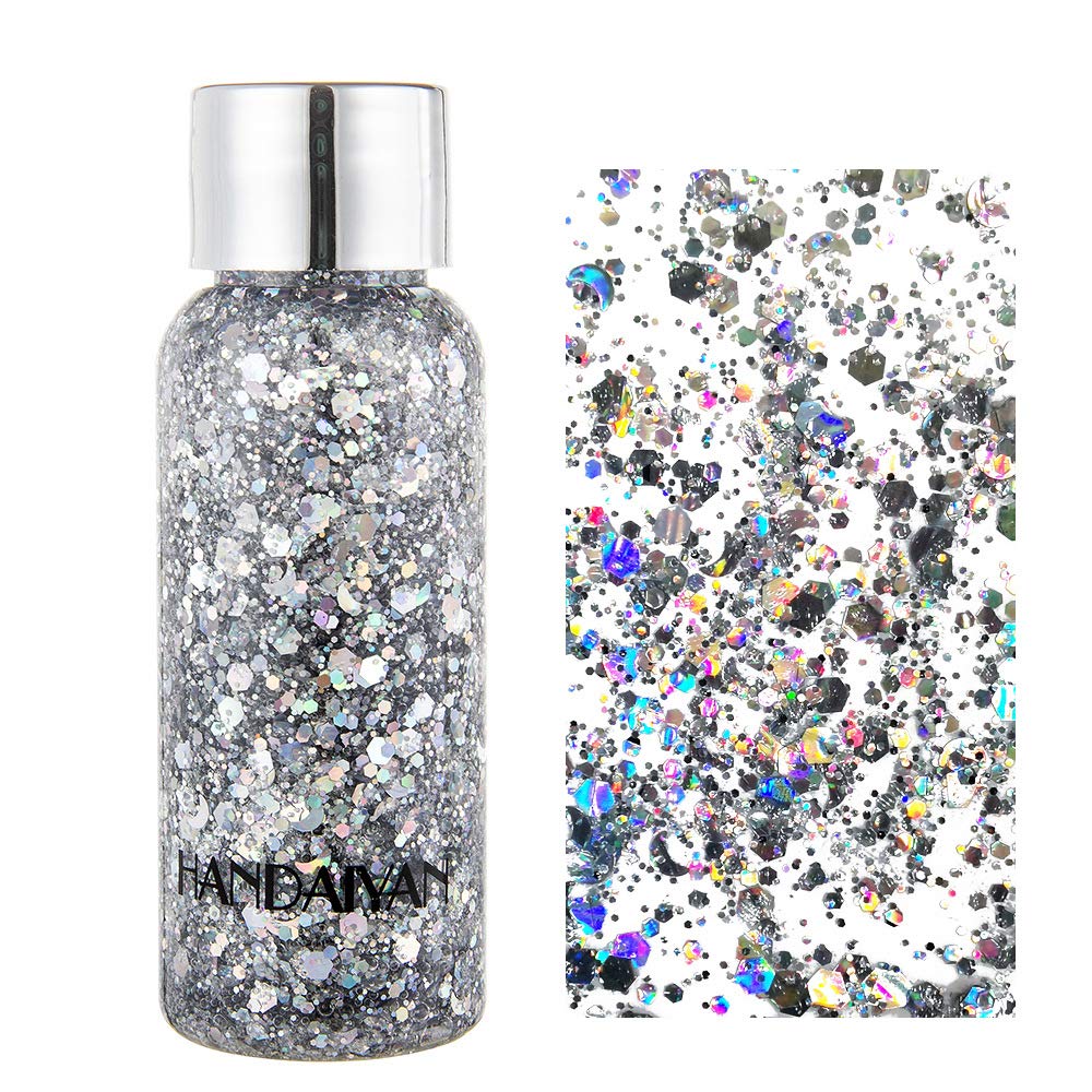 HANDAIYAN Holographic Body Glitter Gel Nail Hair Body Face Eye Shadow Mermaid Sequins Chunky Glitter Festival Glitter Makeup for Body, Face, Hair Makeup (01 Silver)