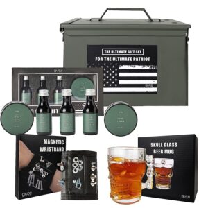 gute gifts for men & dad, birthday gift, box real 50 cal ammo set - grooming & shaving set perfect gifts ideas for him - military storage container, skull beer mug shave, wash, body care