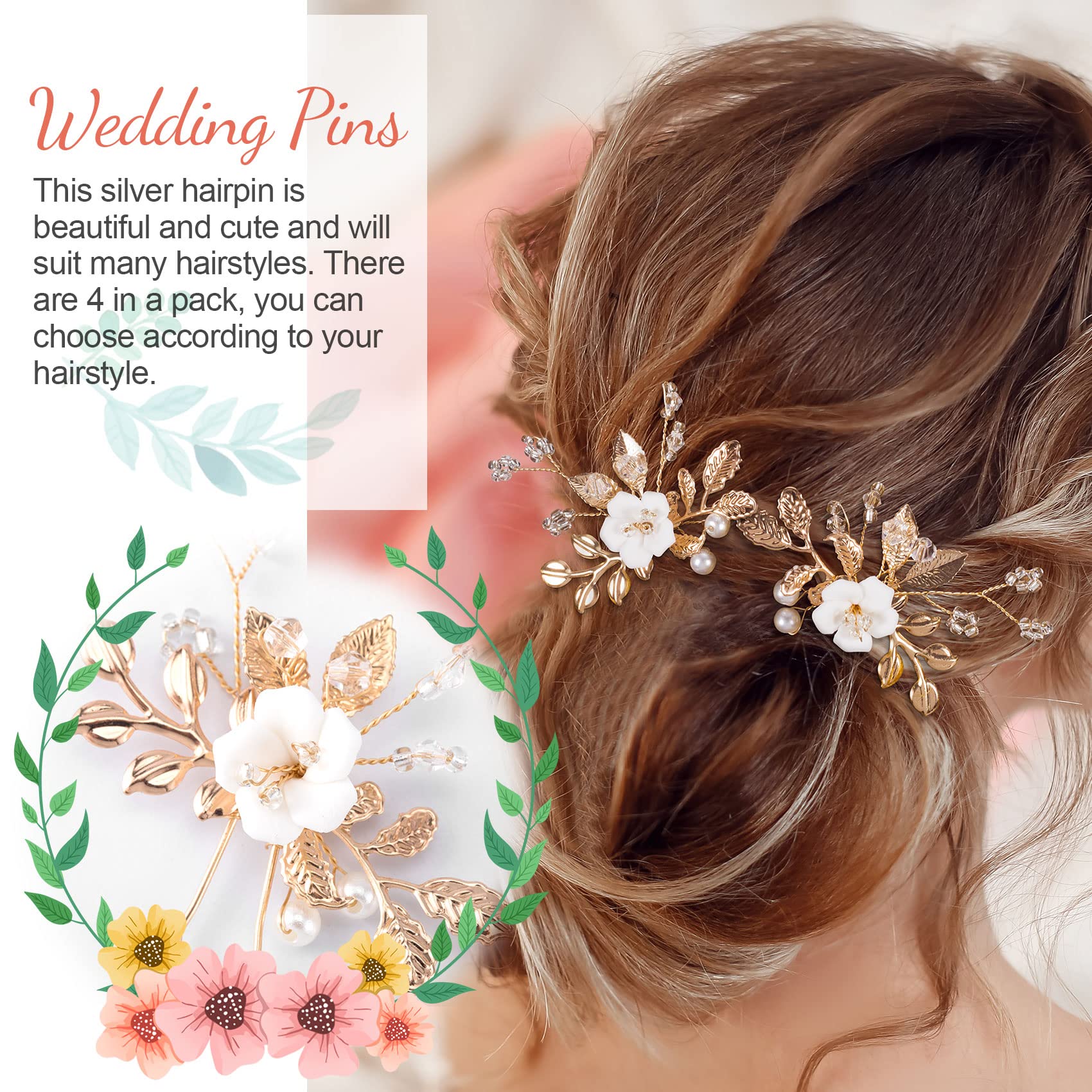 ANCIRS 4 Pack Crystal Flower Bridal Hair Styling Pins for Wedding, Anti-Slip Ceramic Leaves Shape Rhinestone Pearls Head Piece Accessories for Women Bride Wedding Hairstyles- Gold