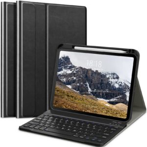 bokeer keyboard case for ipad 10th generation 2022, leather folio smart cover with pencil holder, magnetically detachable wireless bluetooth keyboard [micro usb charging, multi-angle]-black