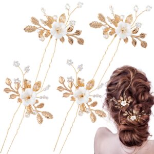 ancirs 4 pack crystal flower bridal hair styling pins for wedding, anti-slip ceramic leaves shape rhinestone pearls head piece accessories for women bride wedding hairstyles- gold