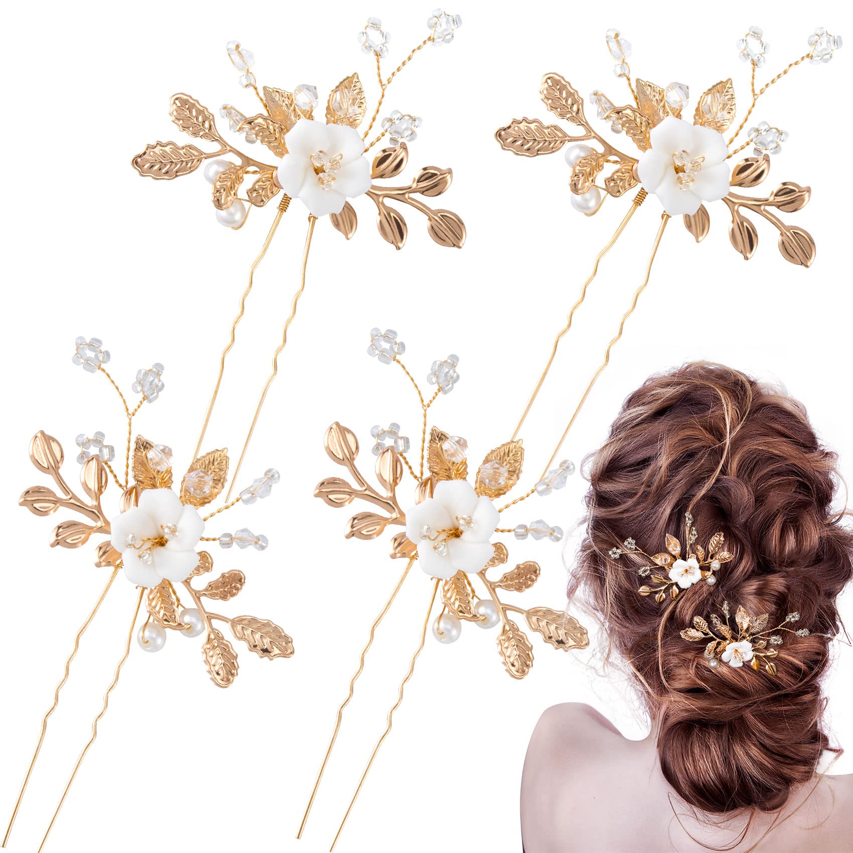 ANCIRS 4 Pack Crystal Flower Bridal Hair Styling Pins for Wedding, Anti-Slip Ceramic Leaves Shape Rhinestone Pearls Head Piece Accessories for Women Bride Wedding Hairstyles- Gold