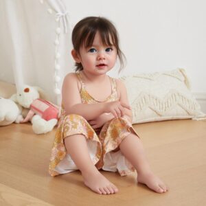 Emmababy Baby Girl Bell Bottoms Romper Toddler Floral Overalls Suspender Flare Pants Sleeveless Strap Jumpsuit Fall Clothes(Beige,12-18 Months)