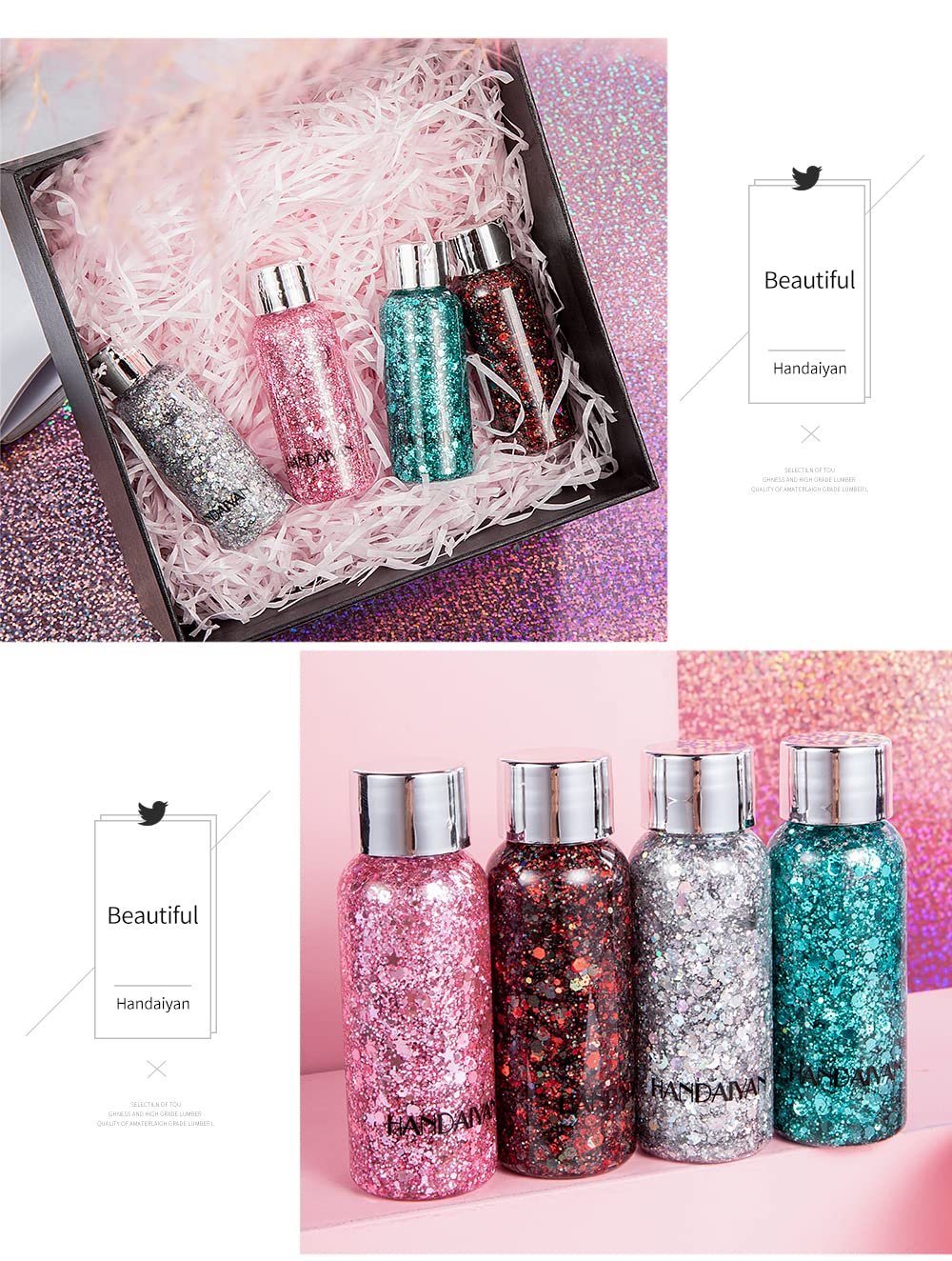 HANDAIYAN Holographic Body Glitter Gel Nail Hair Body Face Eye Shadow Mermaid Sequins Chunky Glitter Festival Glitter Makeup for Body, Face, Hair Makeup (01 Silver)