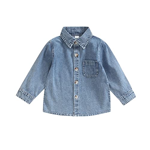 Toddler Baby Boys Cute Long Sleeve Button Down Jean Shirt Slouchy Denim Dress Shirt (Blue,3-4T)