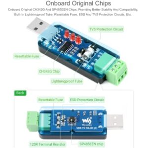 Industrial USB to RS485 Converter Adapter with Original CH343G and SP485EEN, Built-in Lightningproof Tube, Resettable Fuse, ESD and TVS Protection Circuits, up to 1.2km RS485 Transmission Distance