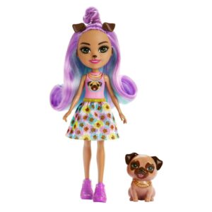 enchantimals dolls, city tails penna pug doll and trusty animal friend, small doll with removable skirt and accessories, gifts for kids, hkn11