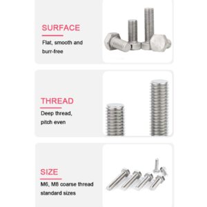 cSeao 10pcs 1/4-20 x 6 Hex Head Bolts Screws, Full Thread, Plain Finish, F593C 18-8 304 Stainless Steel