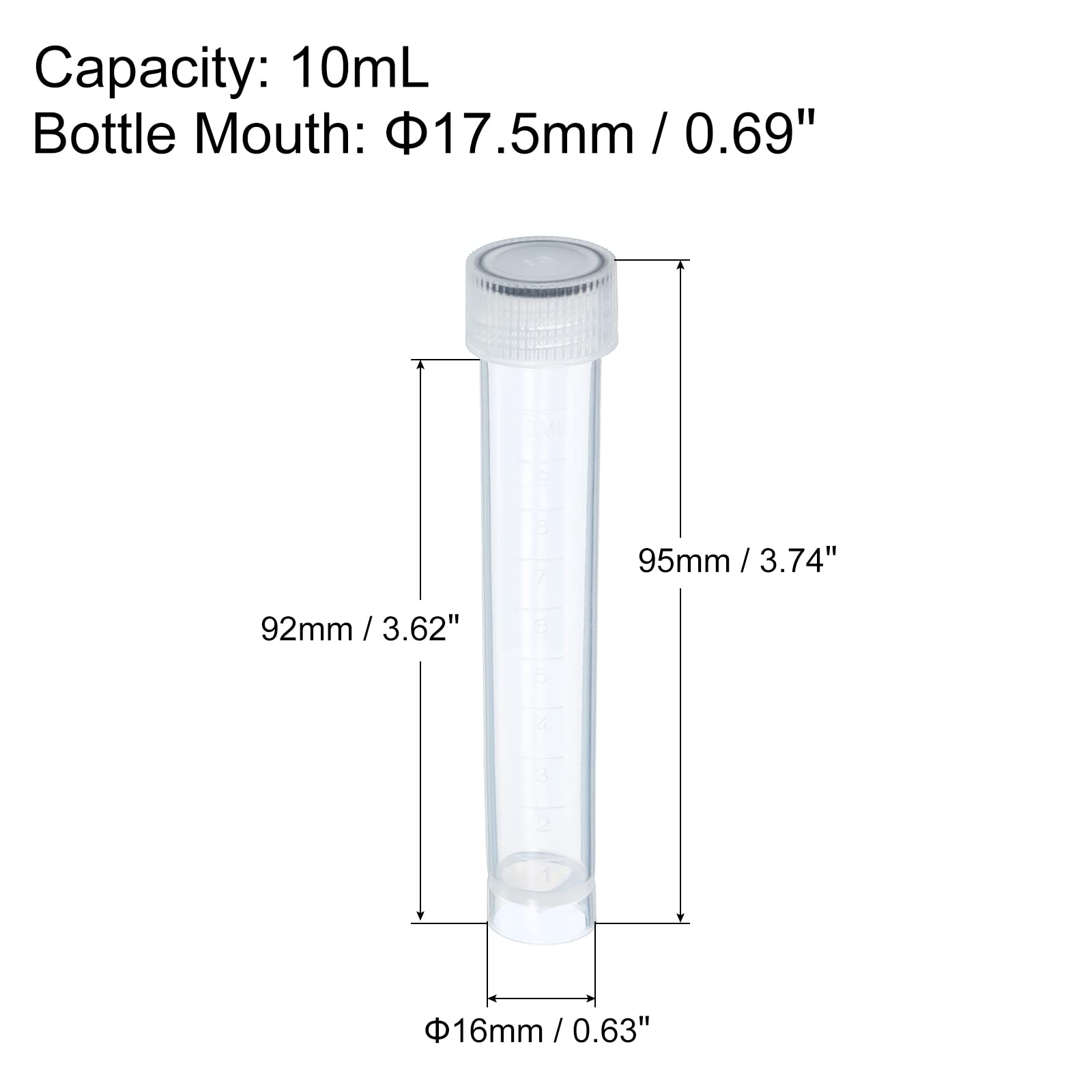 PATIKIL 10mL Plastic Test Tubes, 10 Pack Frozen Container Storage Clear Screw Cap for Lab Laboratory Science, Clear