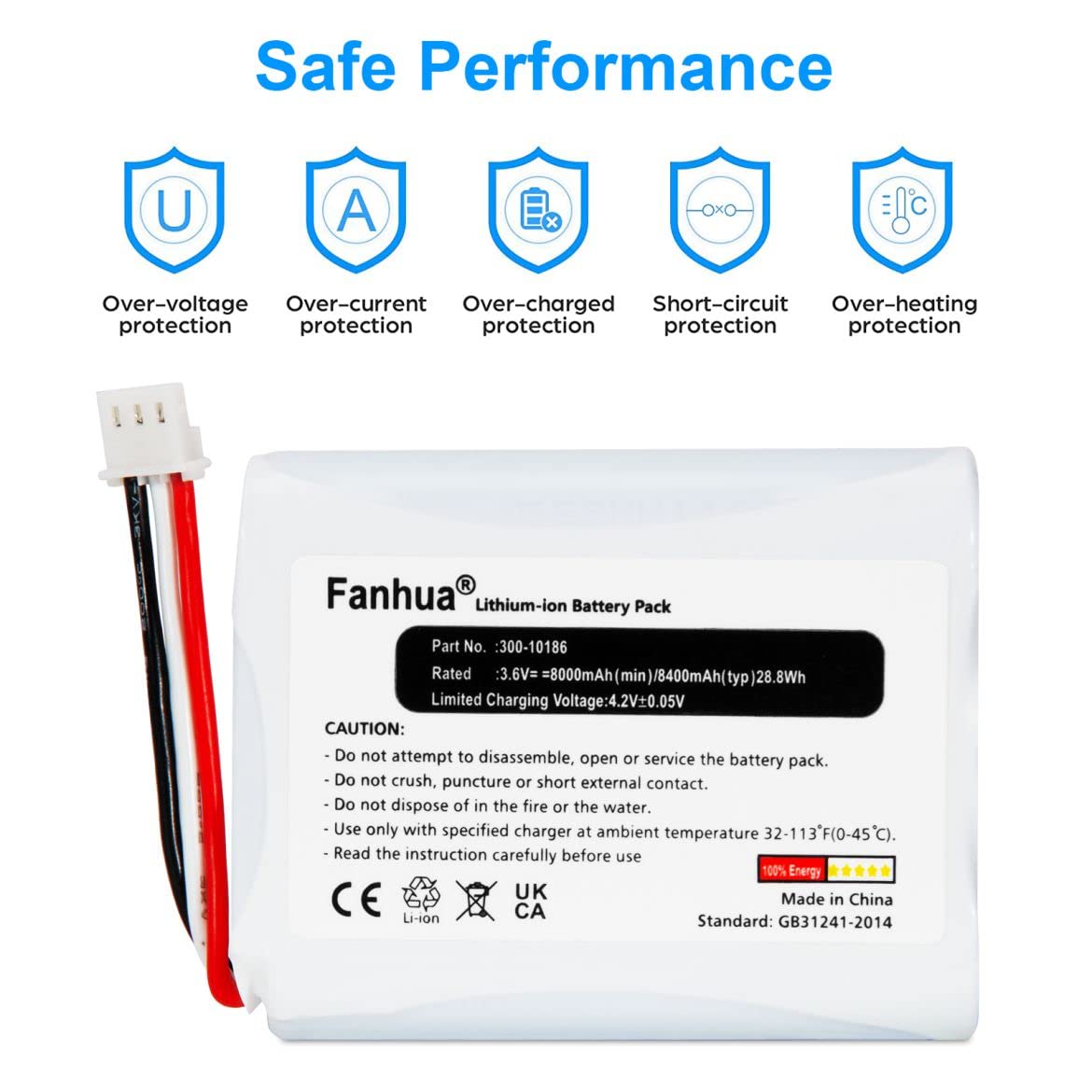 Fanhua Lithium-ion Battery 300-10186 for ADT Command Smart Security Panel ADT5AIO-1, ADT5AIO-2, ADT5AIO-3, ADT7AIO-1, Honeywell ADT2X16AIO-1, ADT2X16AIO-2, 3.6V/4.2V