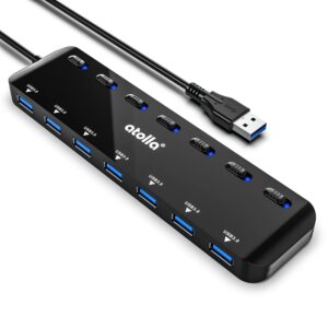 atolla 7-port usb 3.0 hub splitter, usb extender ultra slim data usb hub with individual power switch and leds