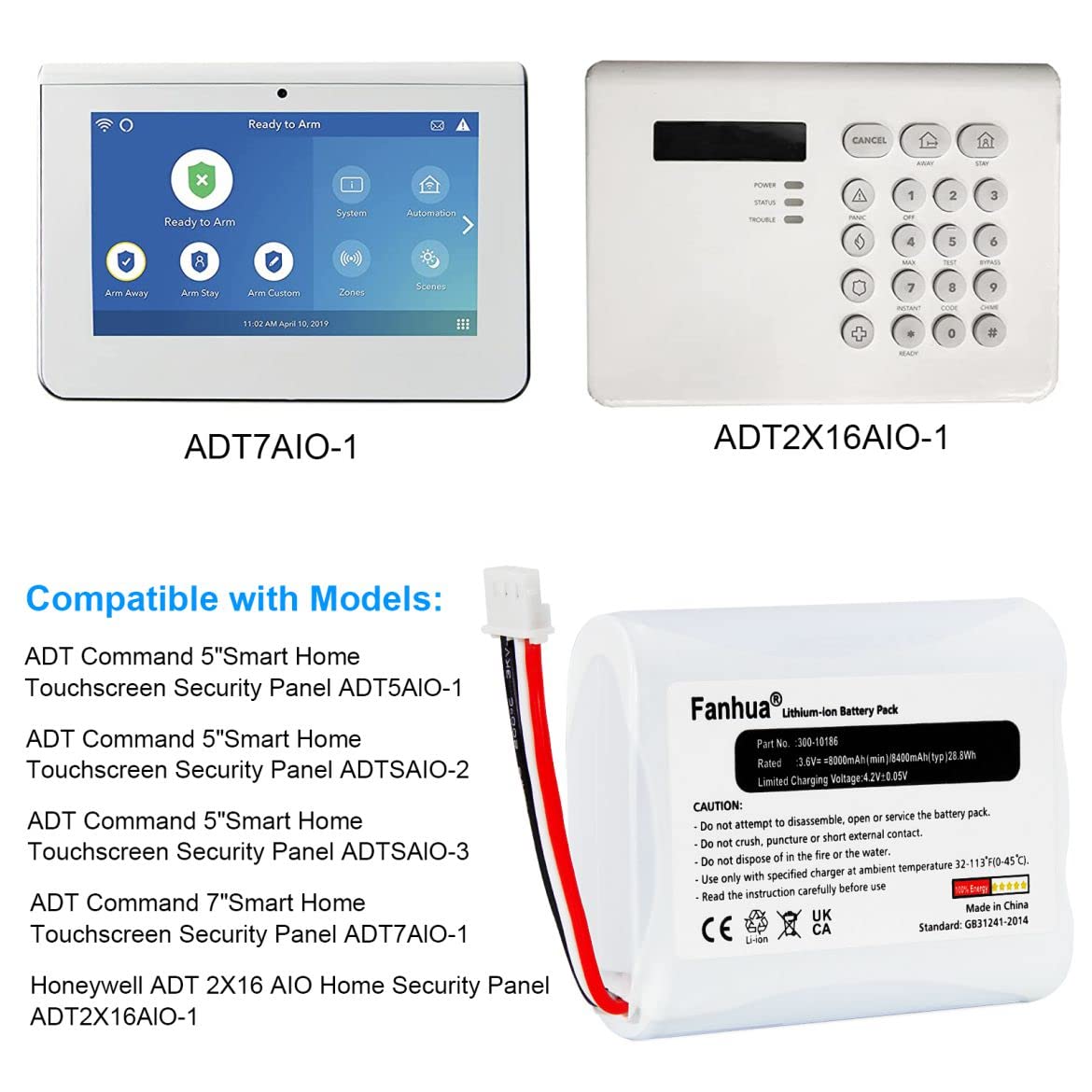 Fanhua Lithium-ion Battery 300-10186 for ADT Command Smart Security Panel ADT5AIO-1, ADT5AIO-2, ADT5AIO-3, ADT7AIO-1, Honeywell ADT2X16AIO-1, ADT2X16AIO-2, 3.6V/4.2V