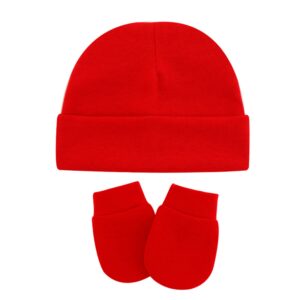 uttpll baby hats mittens set unisex newborn beanie cap no scratch cotton gloves toddler boy girl hospital hat 0-6 months red one size