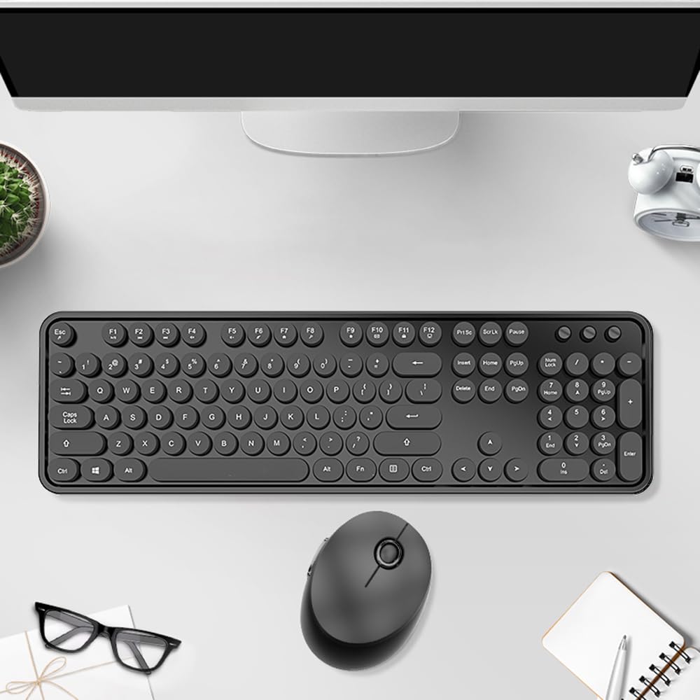 STIVIC Wireless Keyboard and Mouse Combo, Retro typewriter Style Keyboard with Round Keycaps, 2.4GHz Dropout-Free Connection Mouse with 3 Adjustable DPI for Windows Notebook PC (Black1)